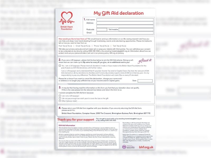 Gift Aid declaration form - BHF